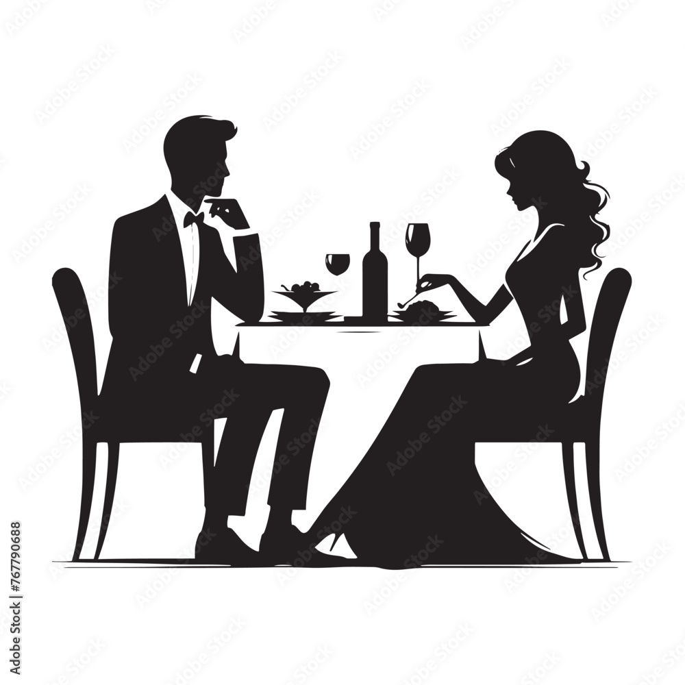 Vector Romantic Couple Dinner Silhouette: Intimate Dining Scene with ...