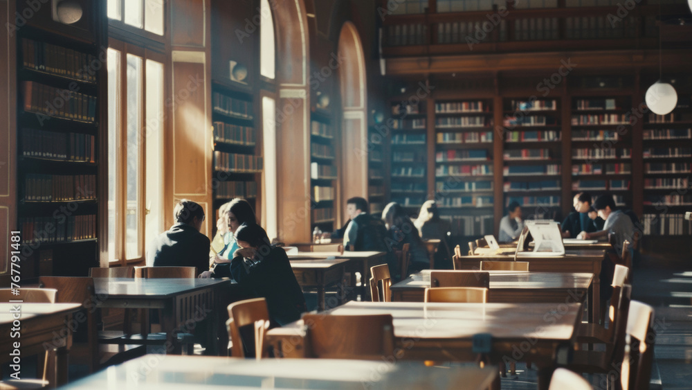Students immersed in study within a grand, sunlit library hall. Stock ...