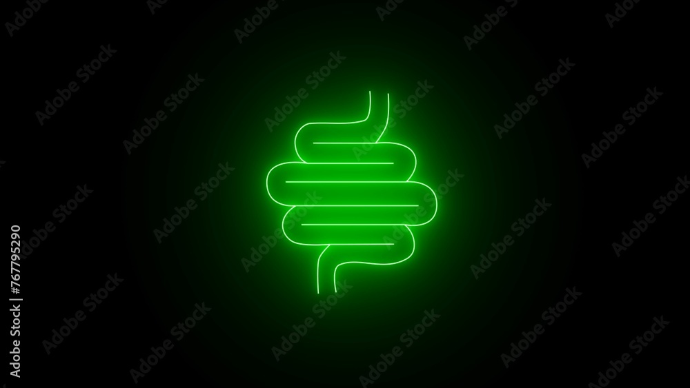 Neon glowing gut human icon. green Neon healthy digestion logo on black ...