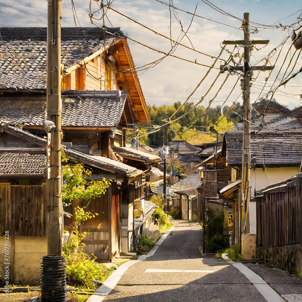 일본풍스러운 주택 거리 Stock Illustration | Adobe Stock