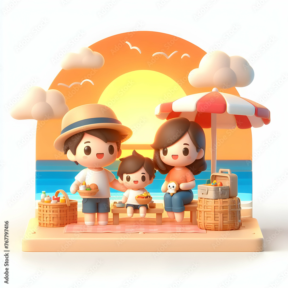3D flat cute chibi icon for Family enjoying a beach picnic at sunset in ...