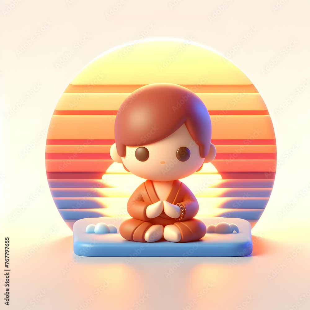 3D flat cute chibi icon for Sunset yoga session on a quiet beach in ...