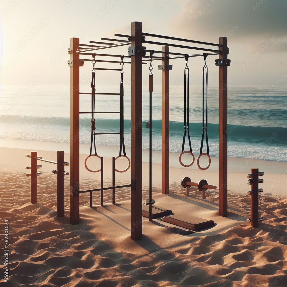 calisthenics ,calisthenics equipment set up on a sandy beach, featuring ...