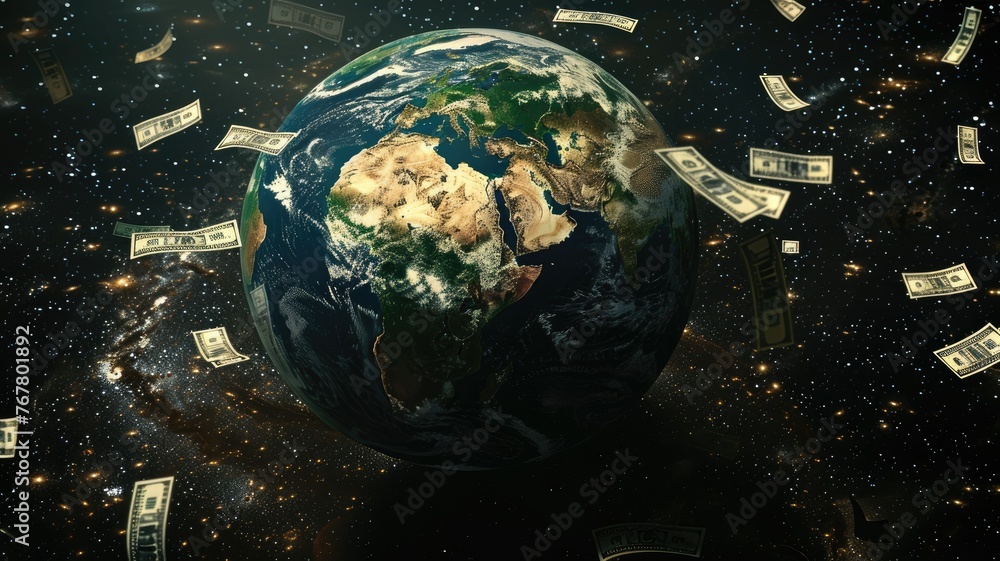 Earth surrounded by floating dollar bills - A conceptual image ...