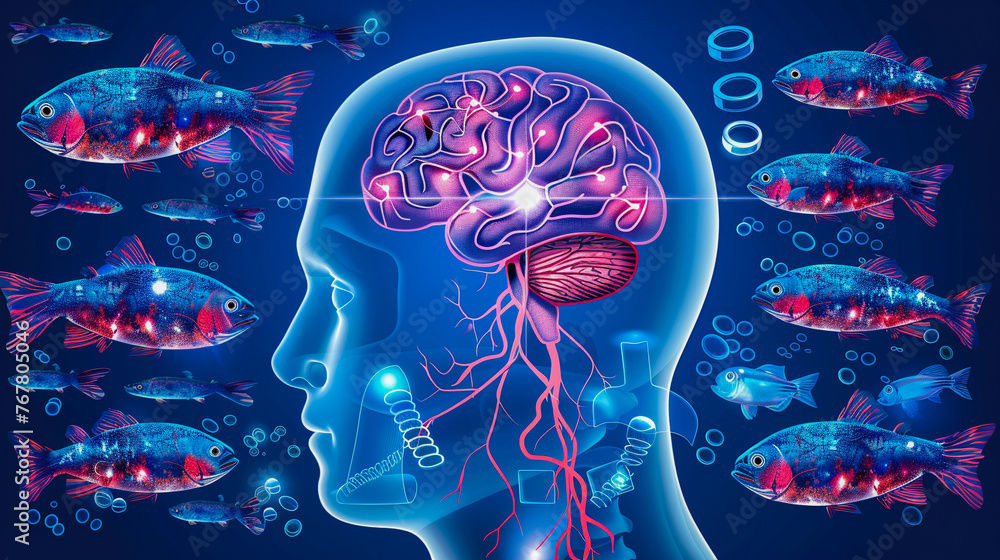 A dynamic illustration showing a brain powered by Omega-3 fatty acids ...