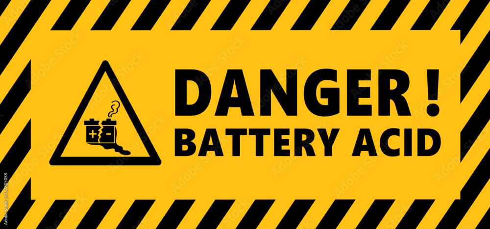 Stop battery acid, leaking batteries. Electrical voltage warning ...