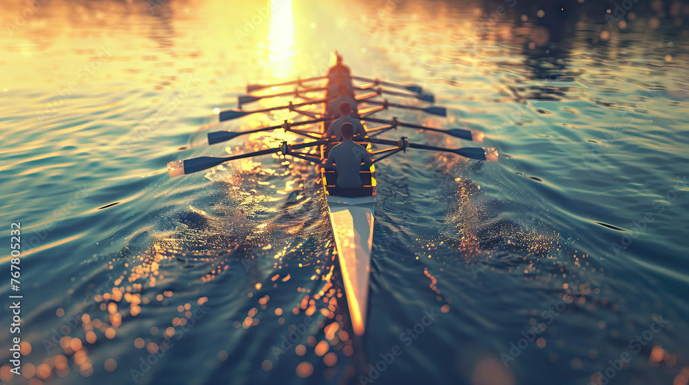 Rowing - Coxless Four: A rowing team of four rowers in a coxless boat, rowing in sync and ...