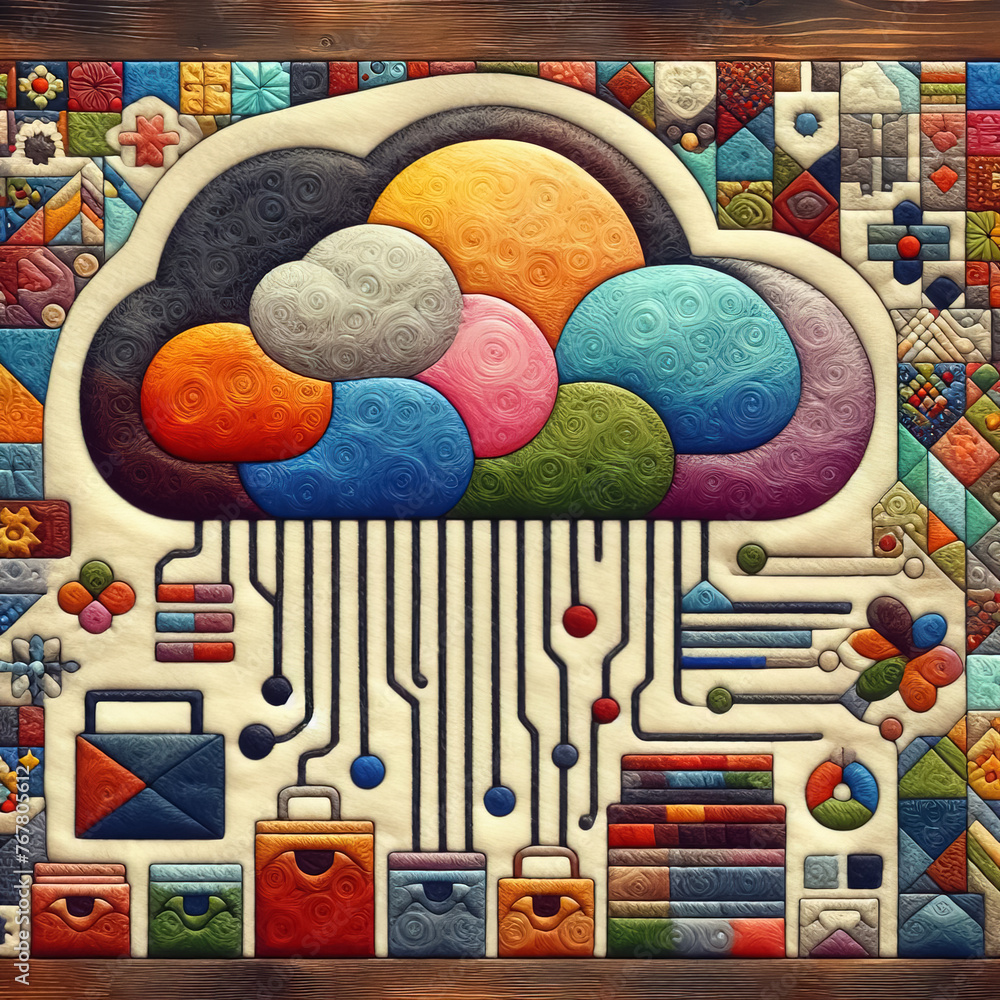 Felt art patchwork, Cloud computing concept, showcasing file upload and ...