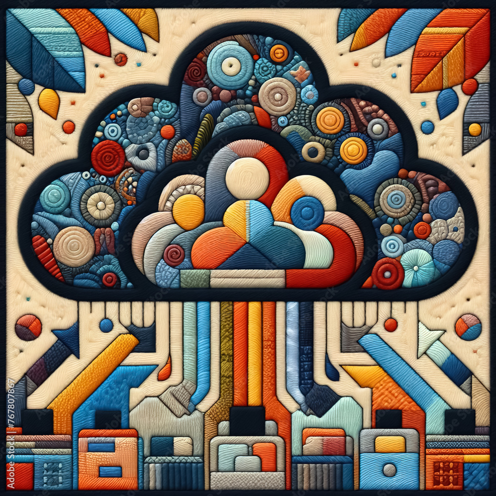 Felt art patchwork, Cloud computing concept, showcasing file upload and ...