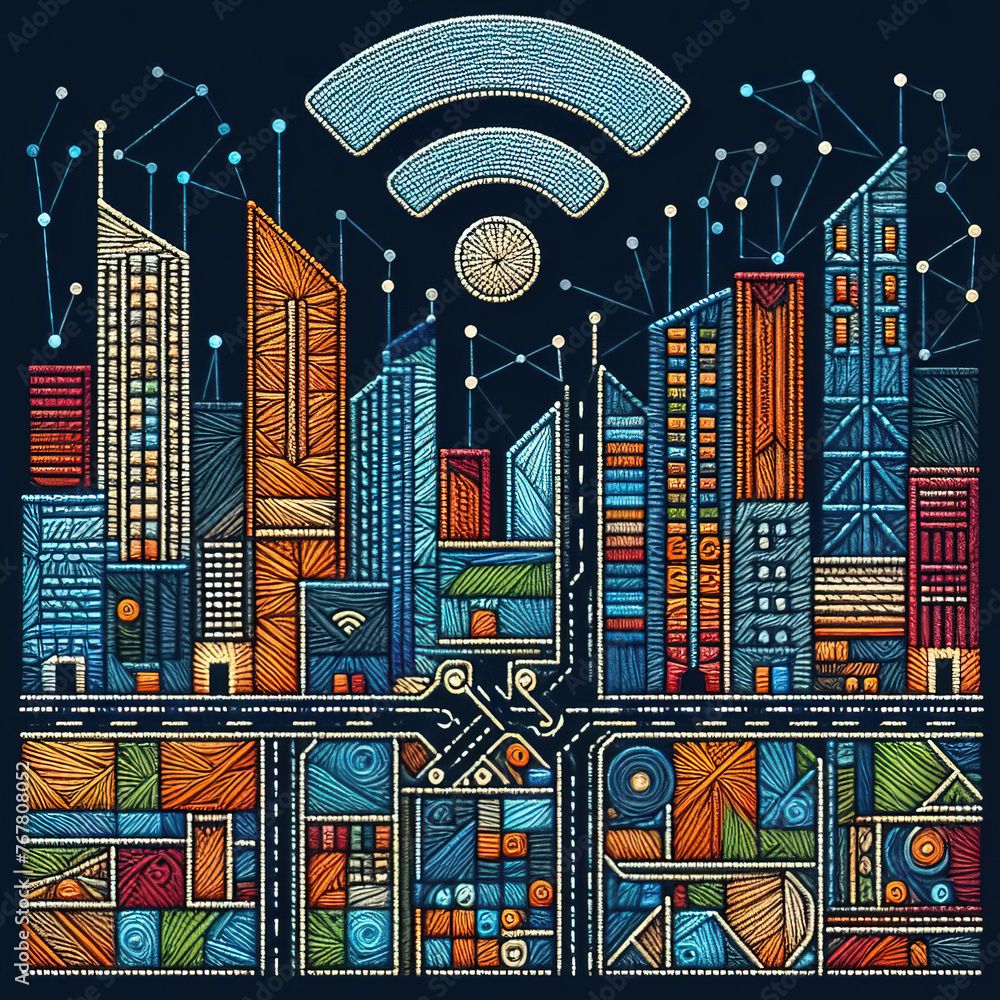 Felt art patchwork, Wi-Fi smart city or network, Building automation ...