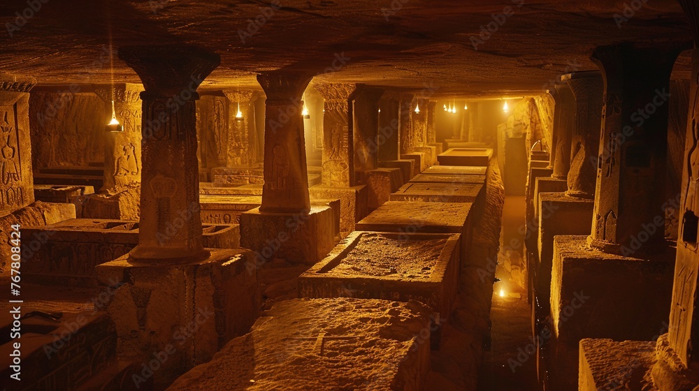 Inside a sprawling underground catacomb, dimly lit by flickering ...