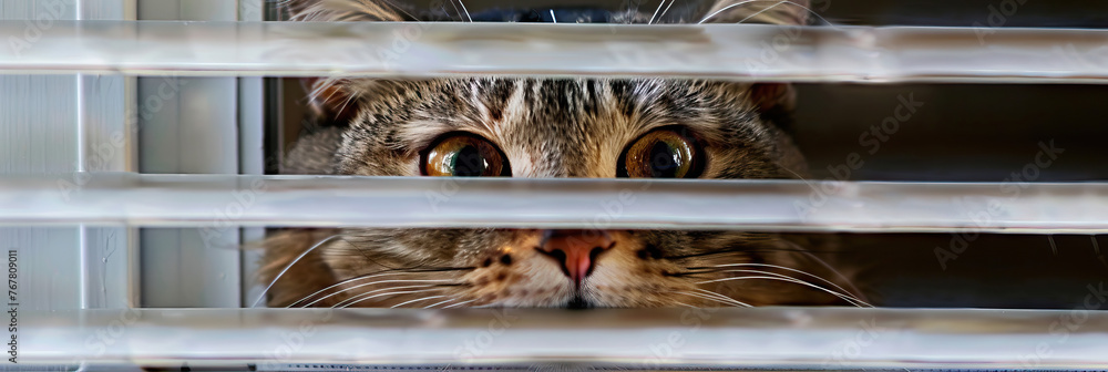 Cat peeking through window blinds with curious expression. Curiosity ...