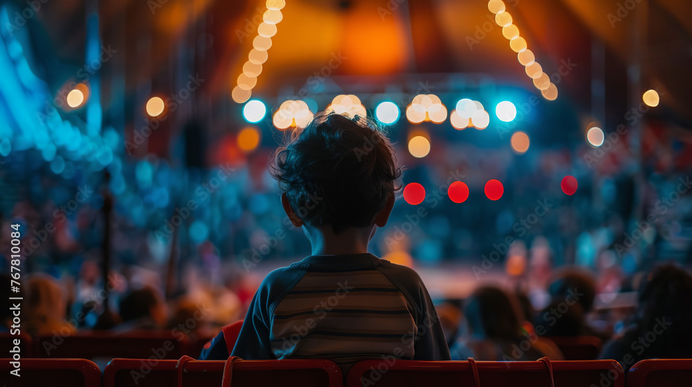 a photograph of a rear view kid children watching show on stage in ...