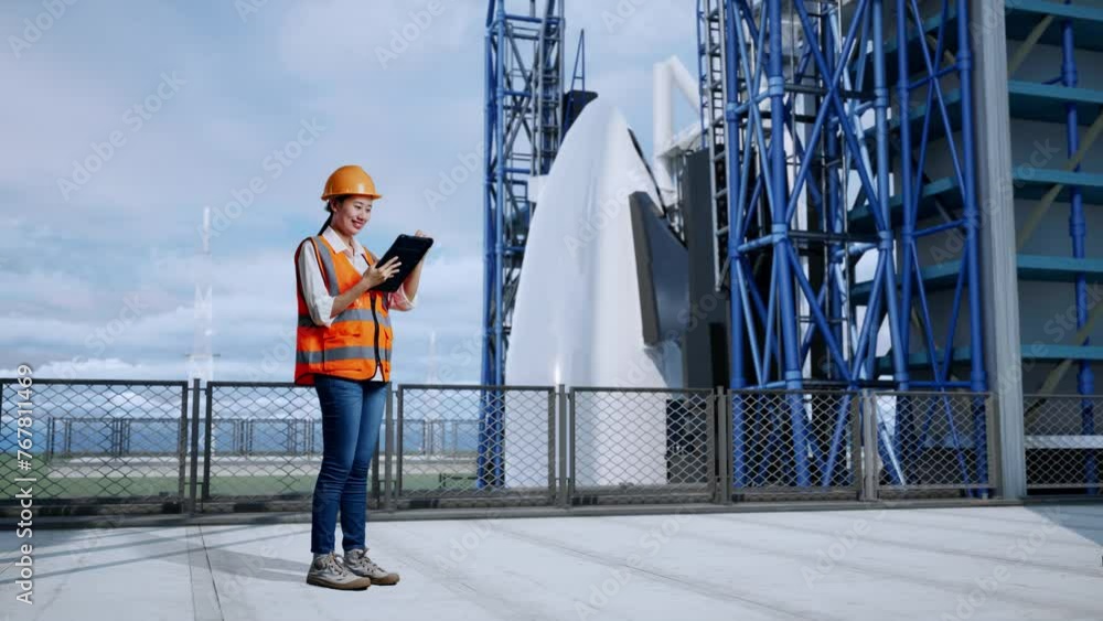 Full Body Side View Of Asian Female Engineer With Safety Helmet Taking ...