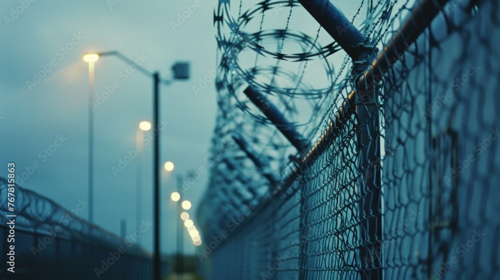 rows of barbedwire, high concrete fence, barbed wire fence on top ...