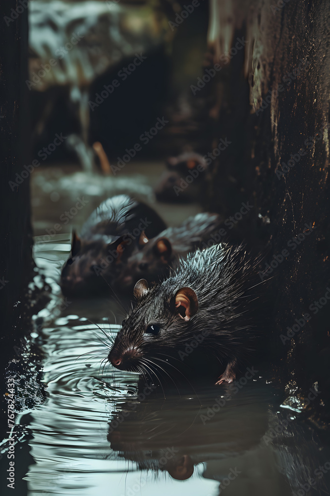Rats looking from the tunnel of the sewers. Group of wild animals in ...
