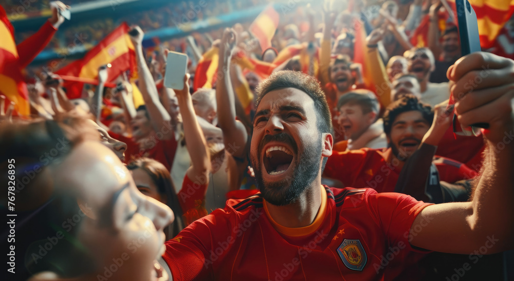 Euphoric football fans in red jerseys, cheering and celebrating with ...