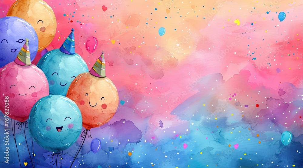 colorful birthday background with balloons, confetti and party hats ...