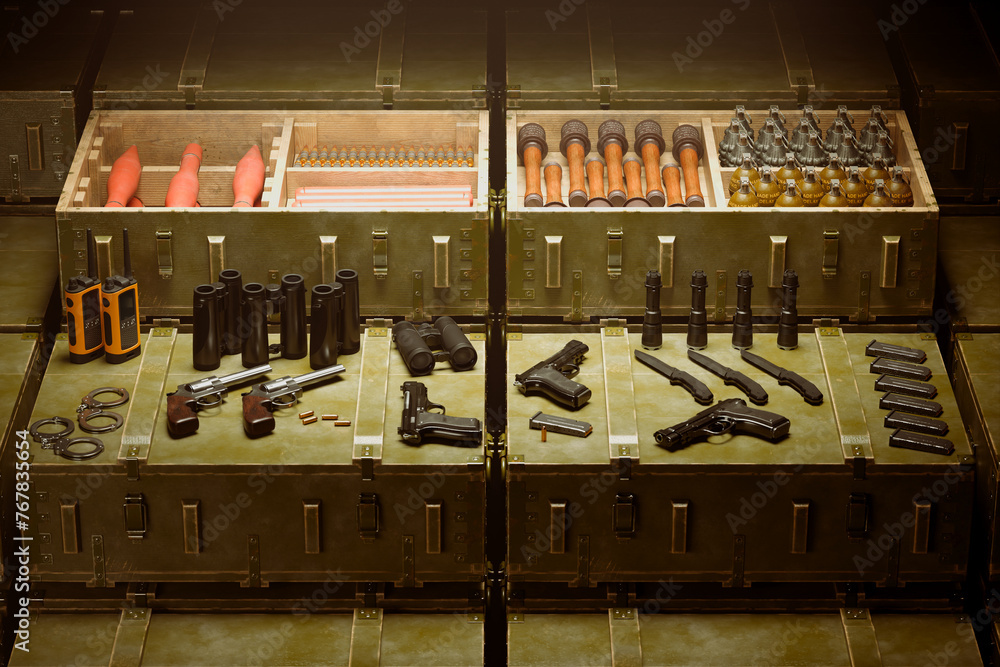 Comprehensive Military Equipment Display: Firearms, Ammunition, and ...