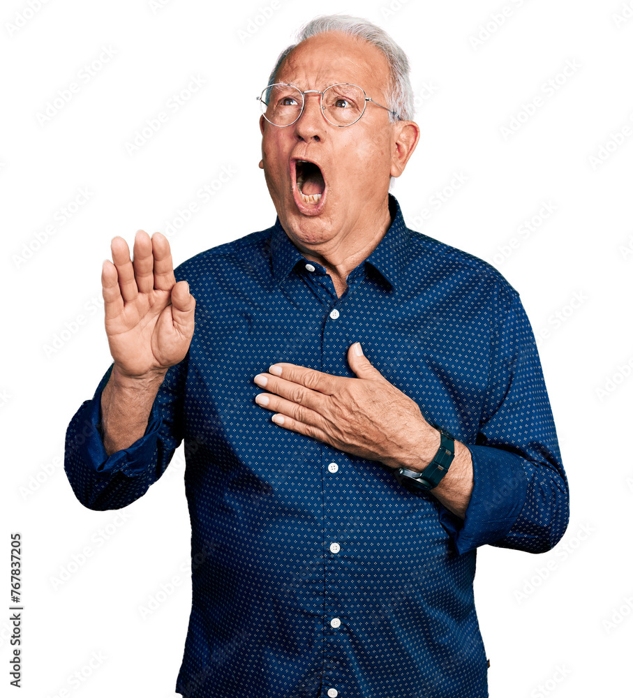 Senior man with grey hair taking oath angry and mad screaming ...