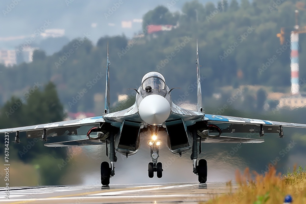 A russian military fighter jet accelerates down the runway for takeoff ...