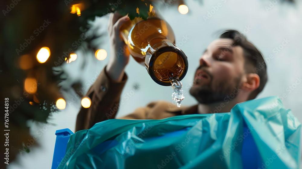 Man throwing glass bottle into recycling bin. Empty alcohol bottle ...