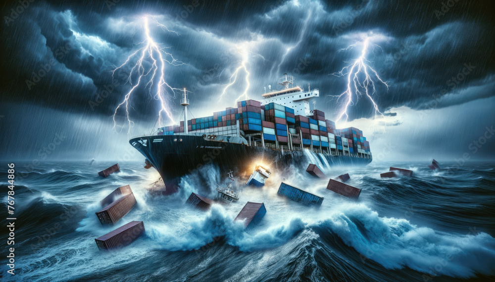 Cargo ship in a powerful ocean storm - A highly detailed image of a ...
