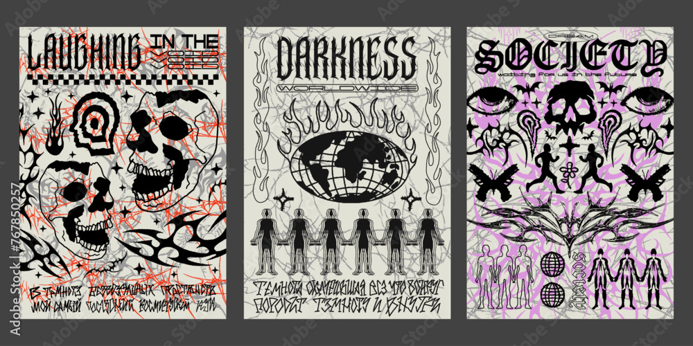 Cyber Punk Y2k Posters Set Vector Design. Neo Tribal Cyber Sigilism ...