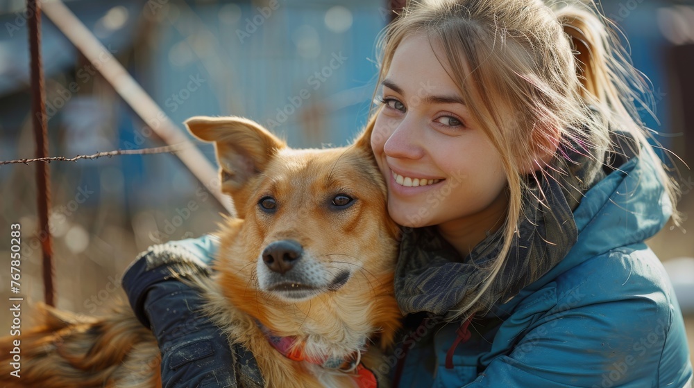 Happy woman adopting a dog from an animal shelter. Volunteering at an ...