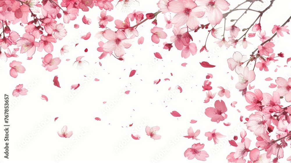 Delicate cherry blossoms in various stages of bloom cascade across the ...