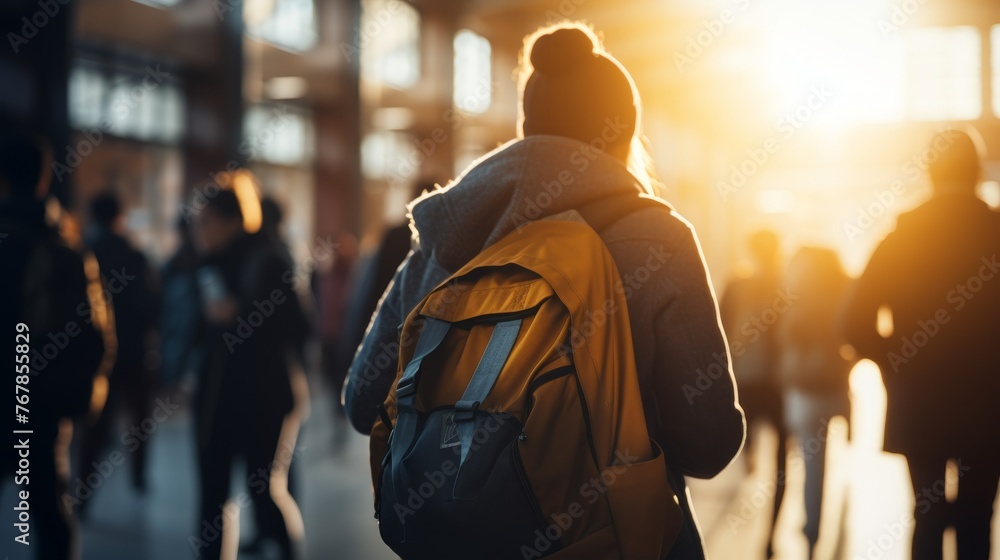 Blurred motion of students on bustling university campus pathway to ...