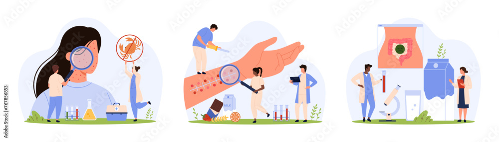 Food allergy set. Tiny people with magnifying glass research allergic ...