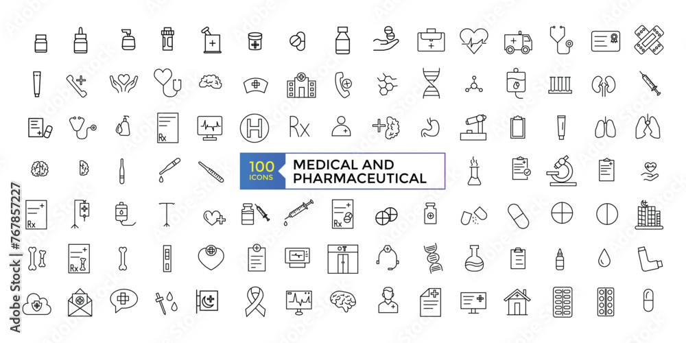 Pharmacy icon set. medication, prescription, treatment, health and ...