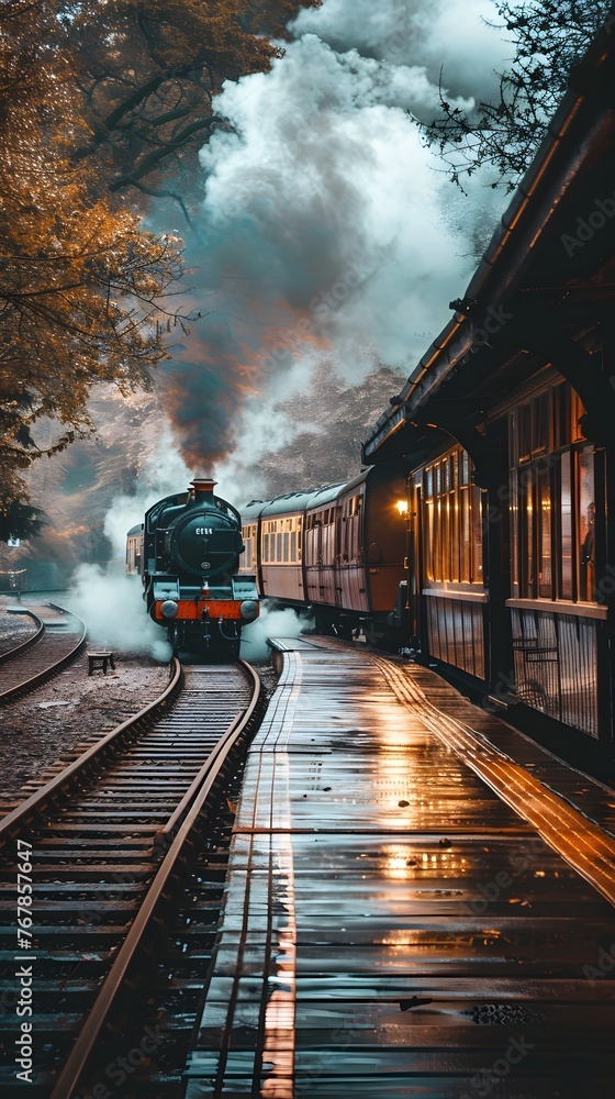 Departing from a quaint, old-fashioned railway station on a misty ...