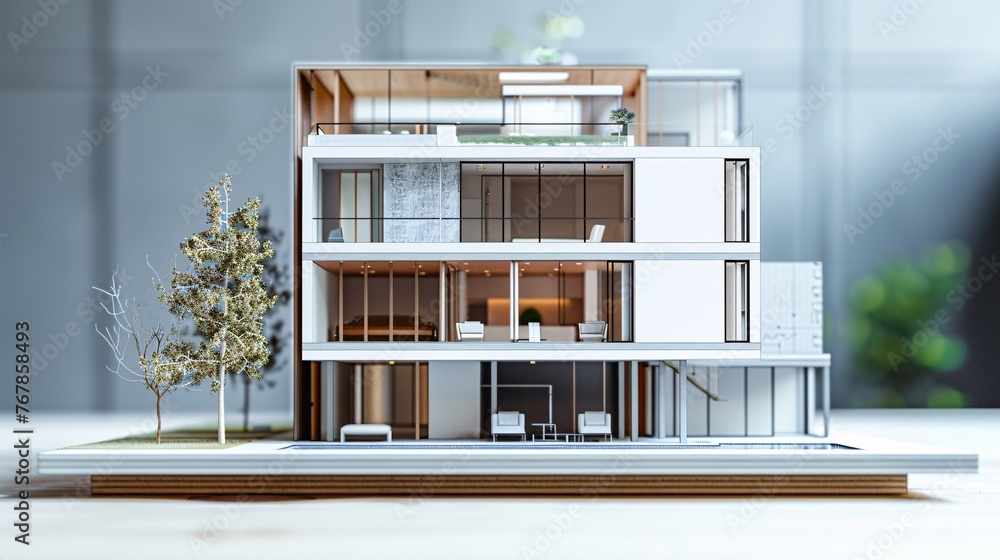 a modern miniature section model of a residential building, featuring ...