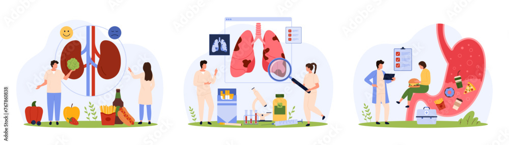 Diagnosis of chronic diseases of internal organs by doctors set. Tiny ...