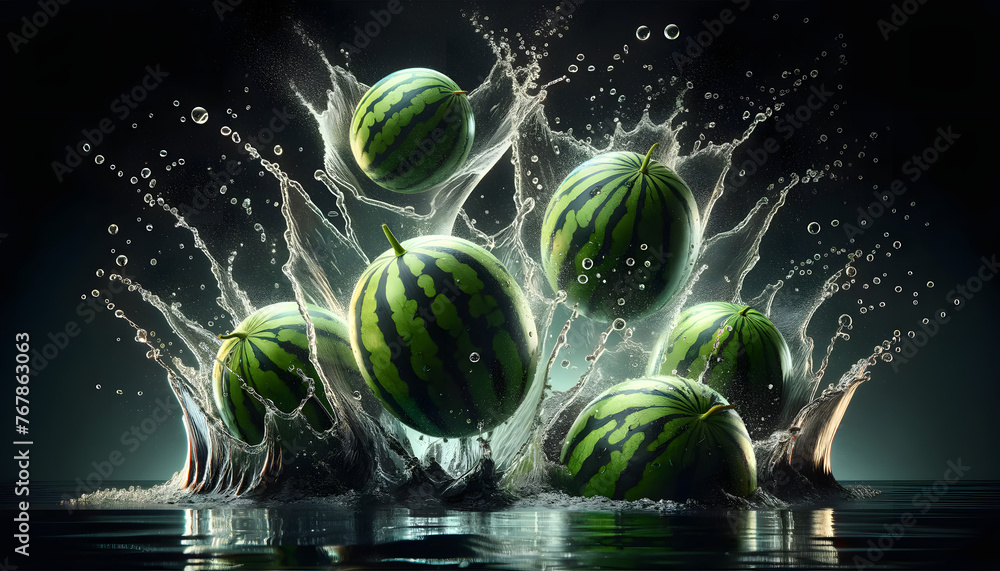 Ripe watermelons with water droplets captured mid-air as they fall into ...