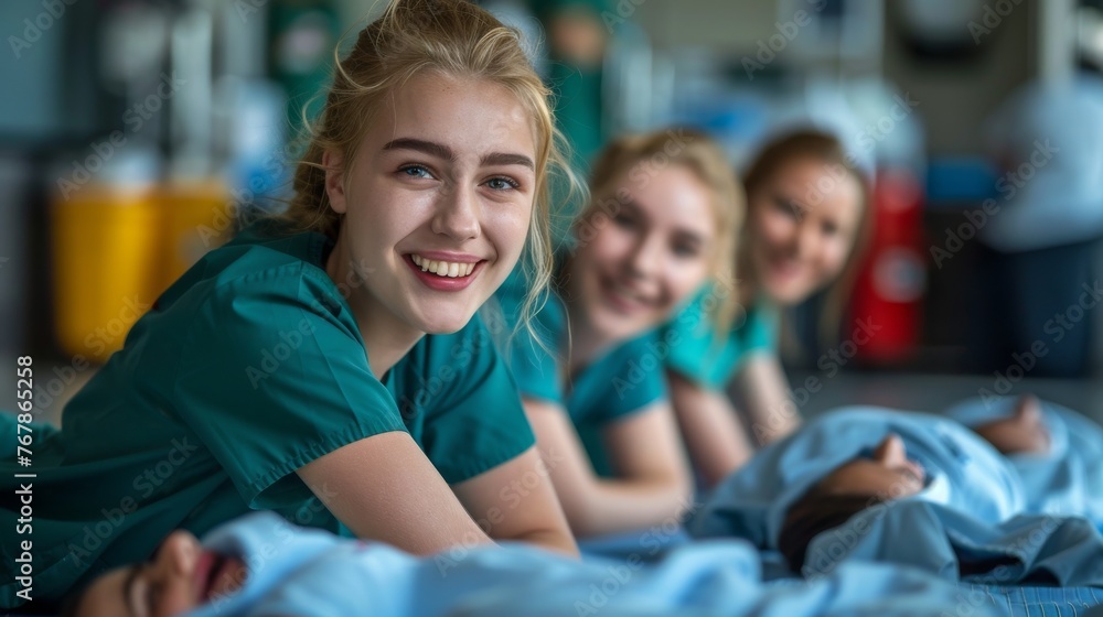 Group of medical students practicing CPR, including chest compressions ...