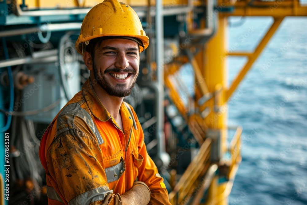 Portrait of a male employee on oil platform at sea. A young confident ...