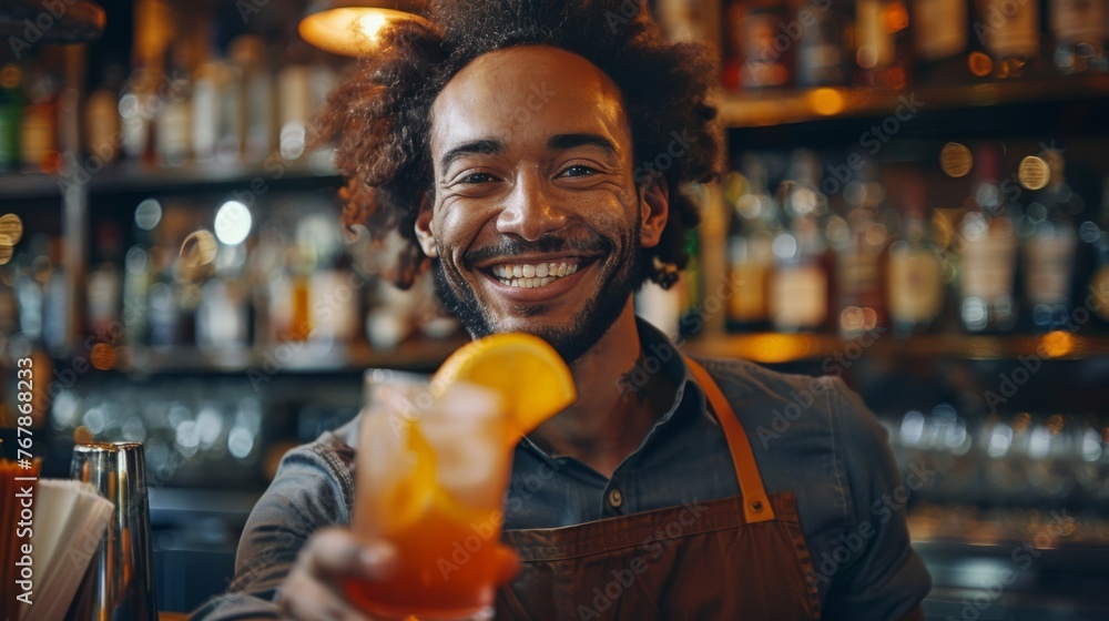In a charming close-up, a bartender beams with warmth while skillfully ...