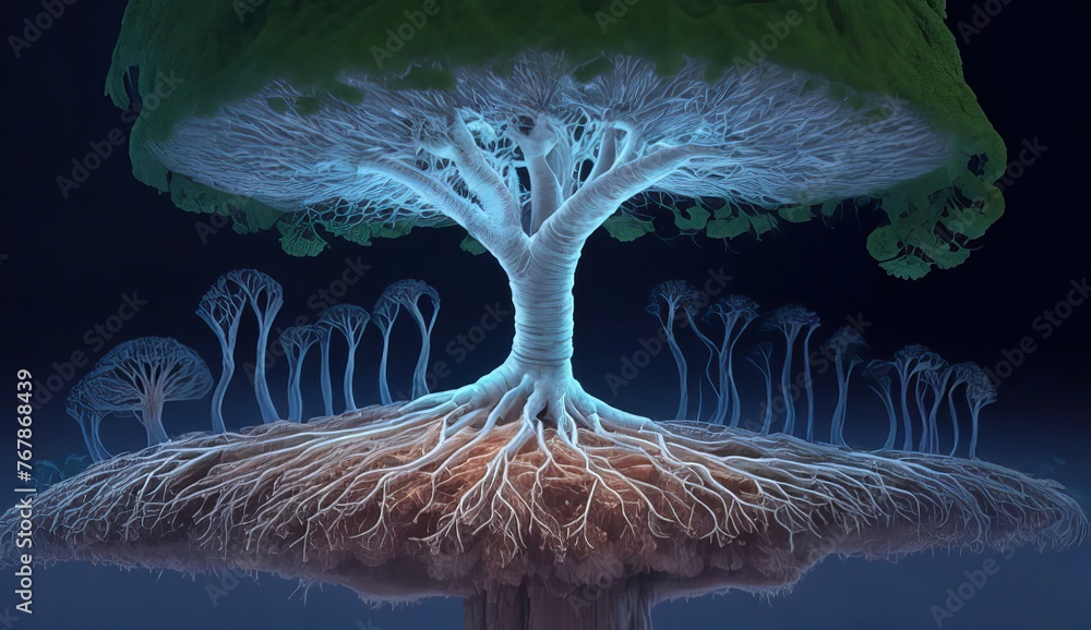 Mycelium network, fungal root system underground. Trees above ground ... Mycelium network, fungal root system underground. Trees above ground ...