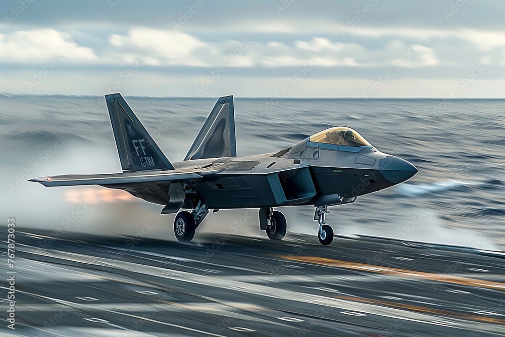 Front view of an F-22 Raptor fighter jet accelerating during takeoff on ...
