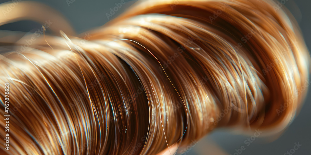 Curling Iron Styling Hair close-up. A lock of hair is curled on a cone ...