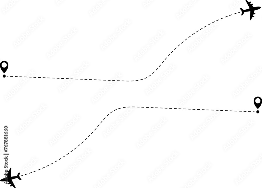 Airplane line path icon of air plane flight route with start point and ...