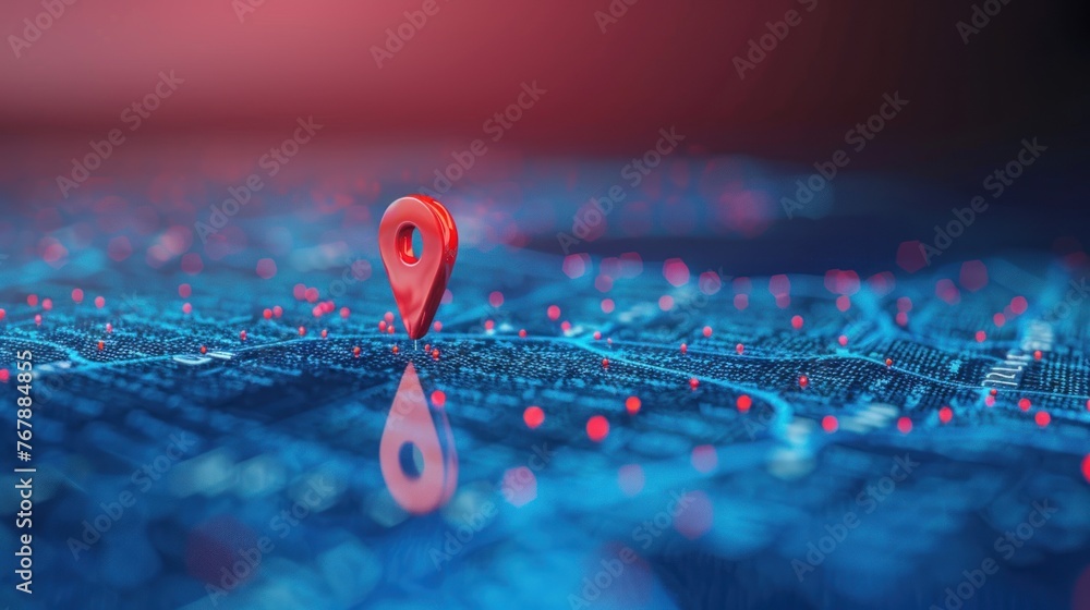 Digital red pin marks location on blue world map. 3D rendering. AI ...