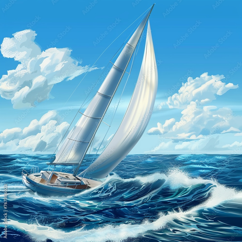 Sailboat racing with sails fully billowed by the strong sea wind, speed ...