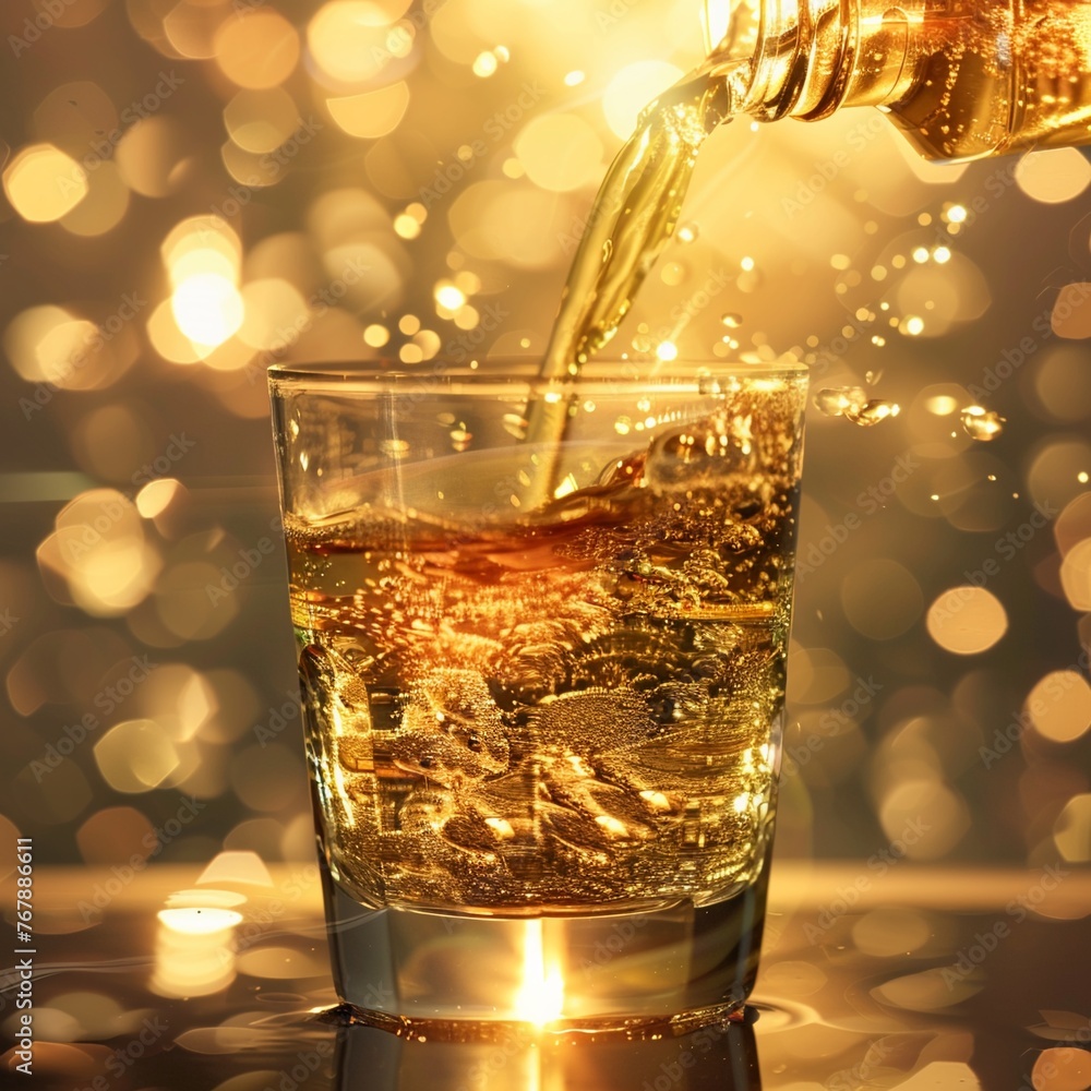 Liquid gold pouring into a glass, backlit with a golden sunset, luxury ...