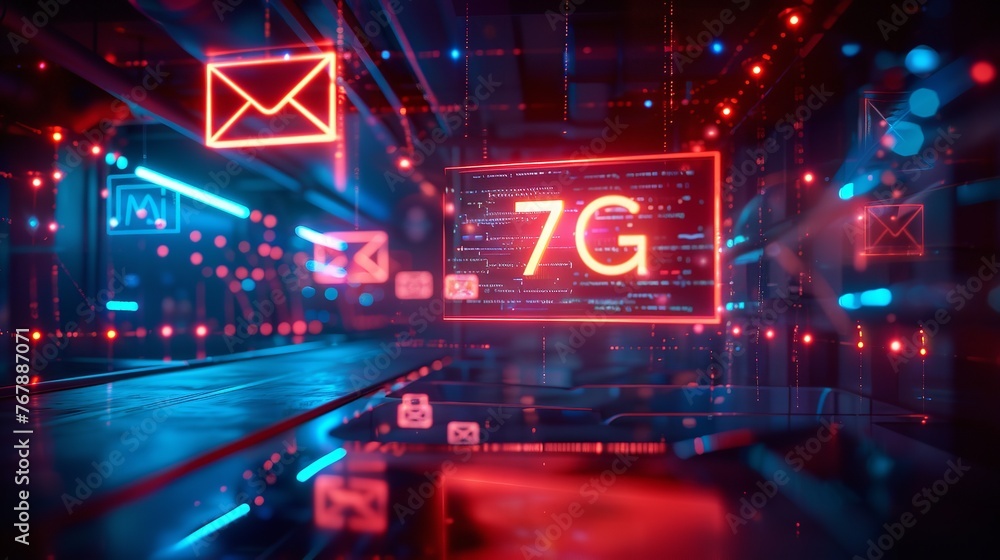 Dynamic 7G symbol in a dark background with digital particles and a ...