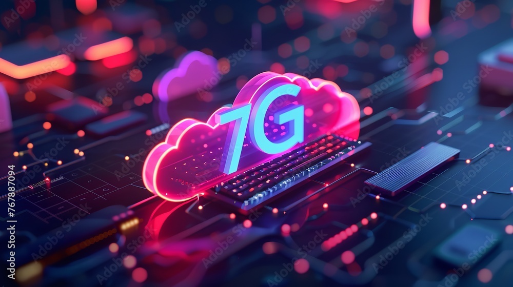 Dynamic 7G symbol in a dark background with digital particles and a ...