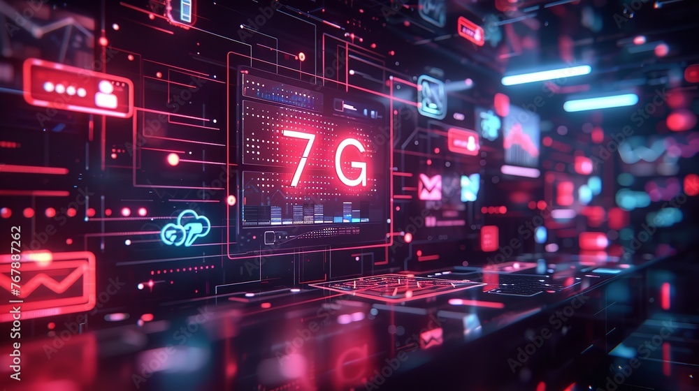 Dynamic 7G symbol in a dark background with digital particles and a ...